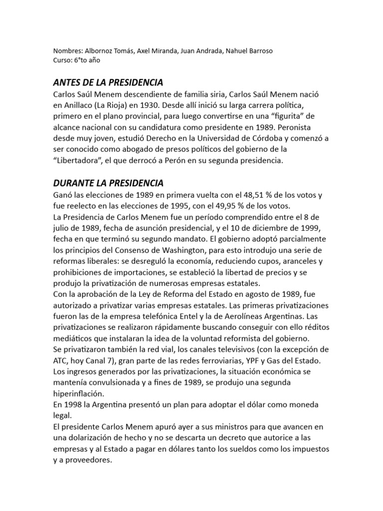 Menem: Privatizaciones y Convertibilidad | PDF | Economias | Argentina