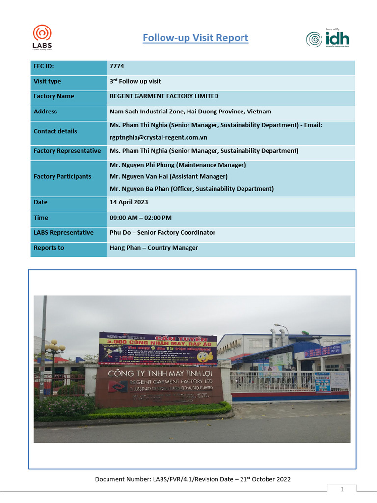3rd Follow-Up Visit Report: Regent Factory | PDF | Occupational Safety ...