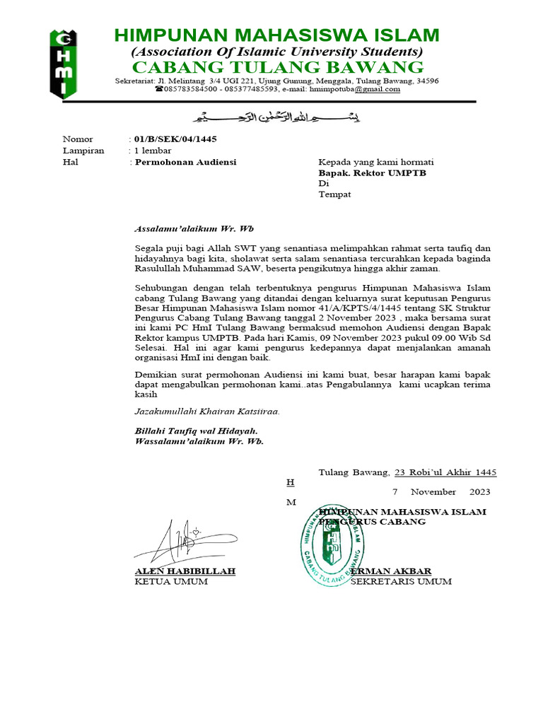 Surat Permohonan Audiensi Rektor UMPTB No.1 | PDF