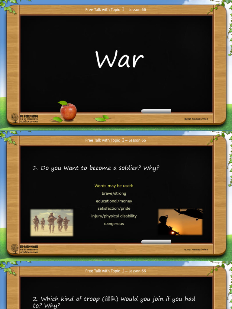 Free Talk With Topic - Lesson 66: © 2017 Acadsoc Limited | PDF | Army ...