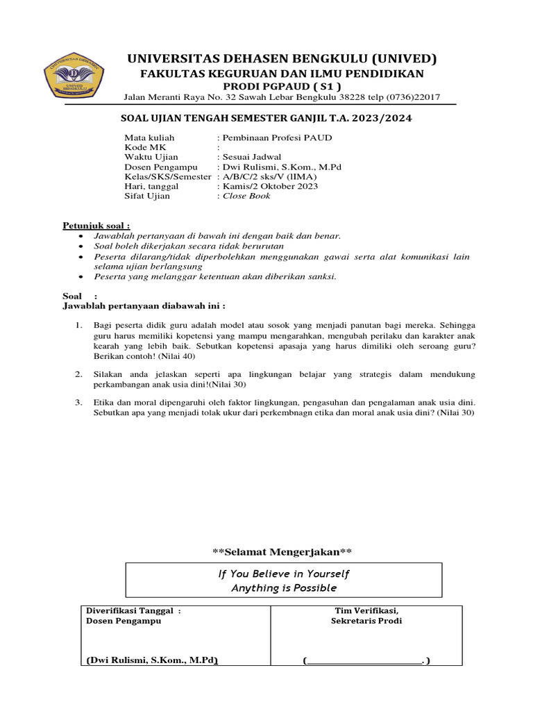 SOAL UTS Pembinaan Profesi PAUD | PDF