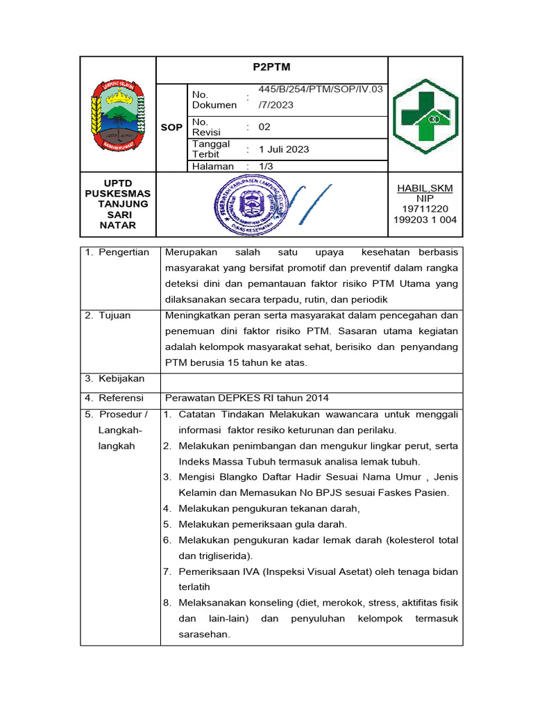 SOP Deteksi Dini PTM | PDF