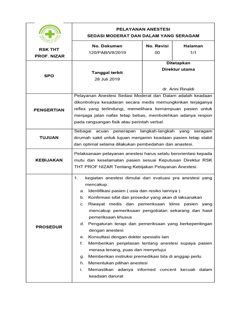 SPO Pelayanan Anestesi Sedasi Moderat Dan Dalam Seragam | PDF