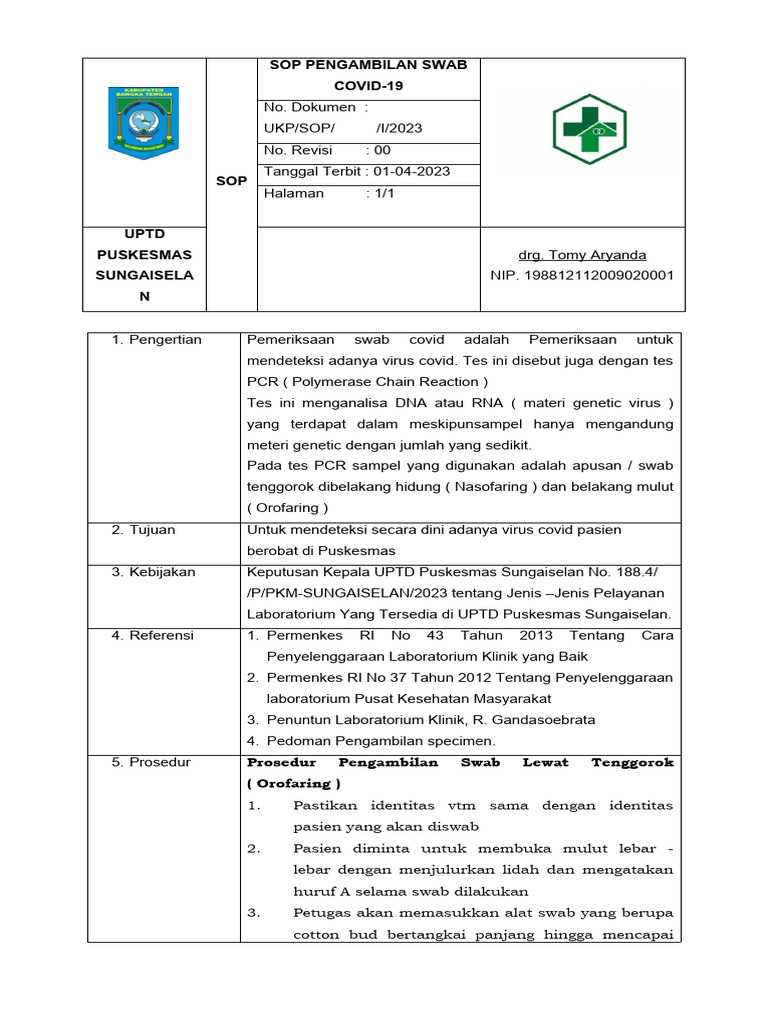 Sop Pengambilan Swab Covid-19 | PDF