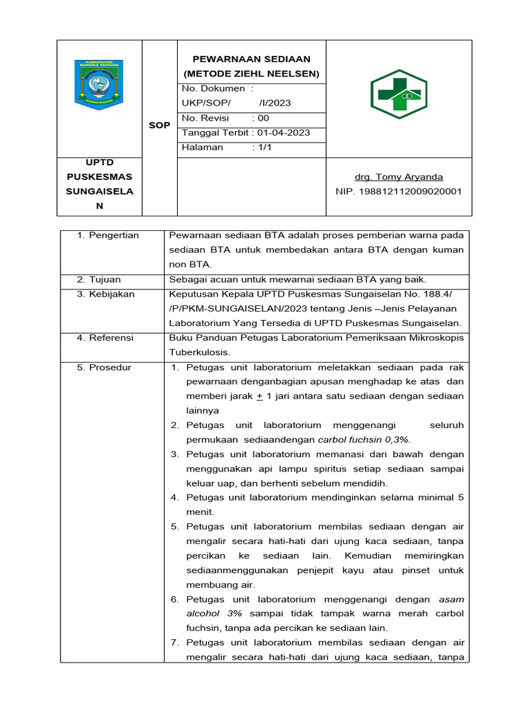 SOP Pewarnaan BTA Metode Ziehl Neelsen | PDF