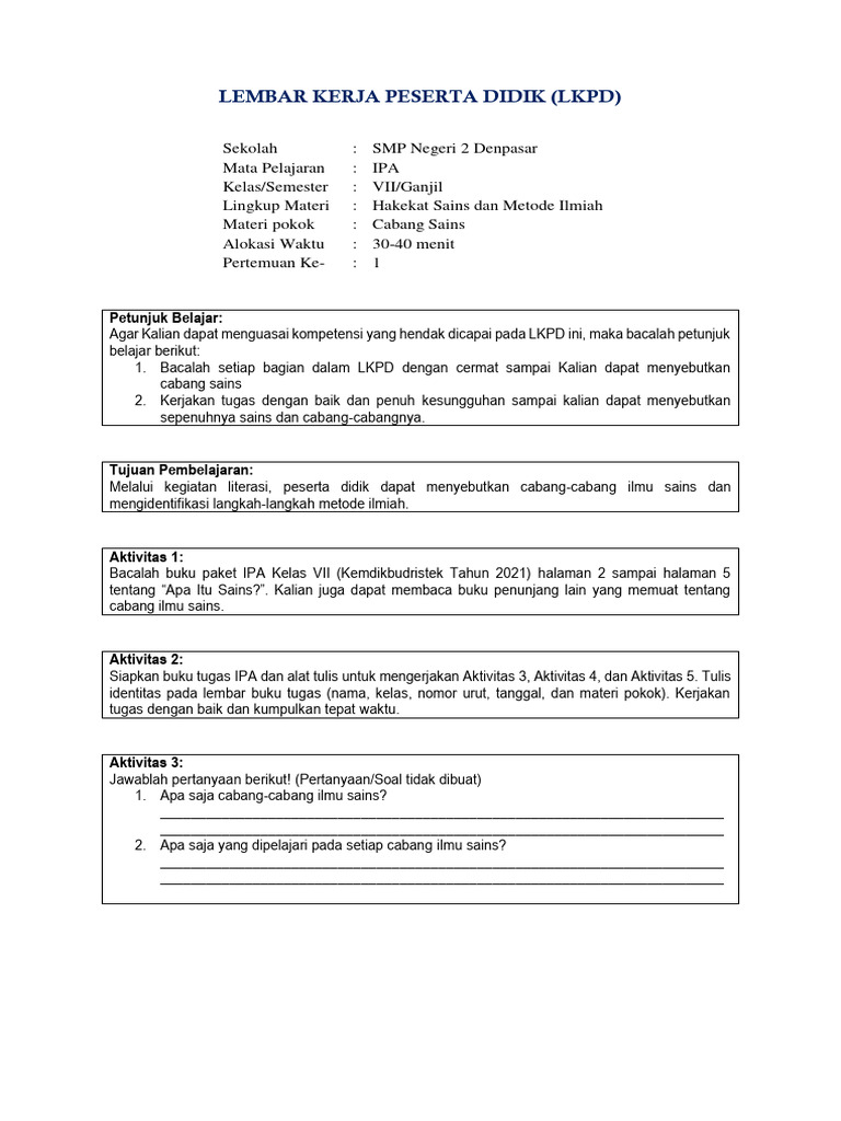 LKPD Ipa Kelas Vii Bab 1 | PDF