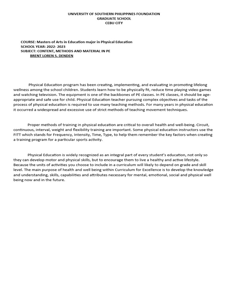 Uspf - Topic 3 - Content, Methods and Material in Pe | PDF | Wellness