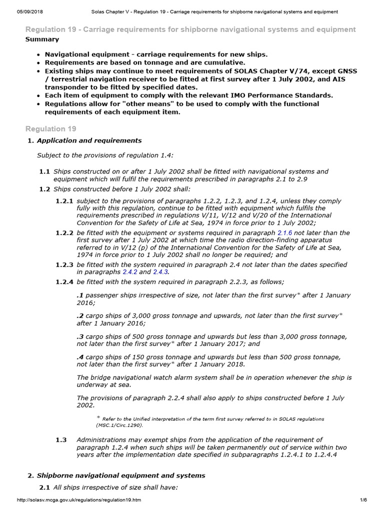 Solas Chapter V - Regulation 19 - Carriage Requirements For Shipborne Navigational Systems and ...