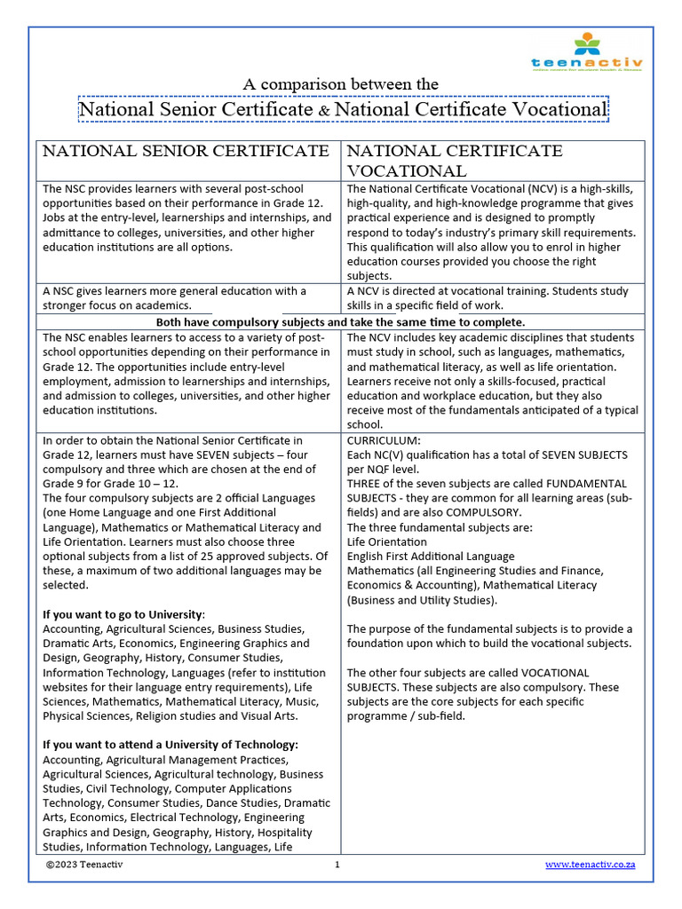 3 Lesson 1 Nsc Vs Ncv Comparison 0 Pdf Vocational Education