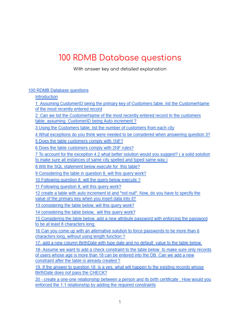 SQL Questions | Download Free PDF | Table (Database) | Software Engineering