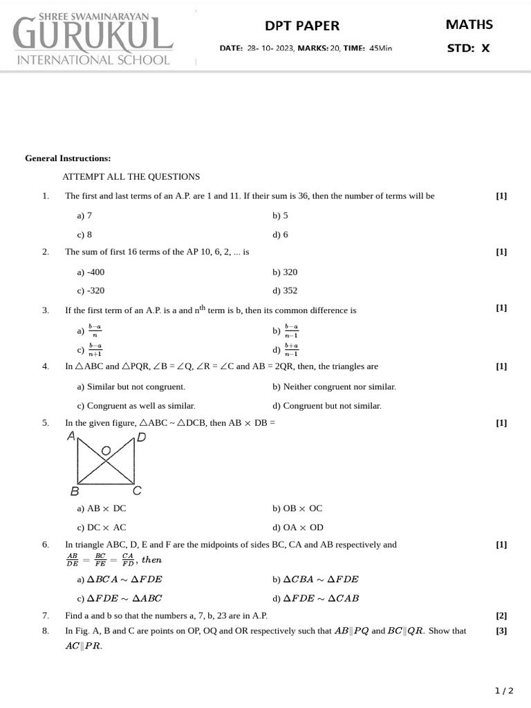 X - Maths - DPT Paper | PDF | Euclid | Euclidean Plane Geometry