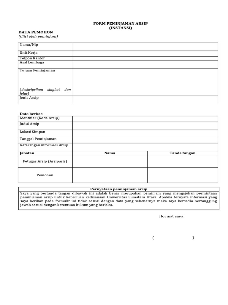 Form Peminjaman Arsip Instansi | PDF