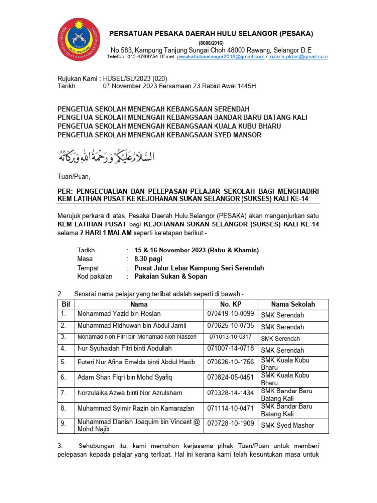Surat Pengecualian Dan Pelepasan Pelajar Ke Kem Latihan Pusat Pesaka ...