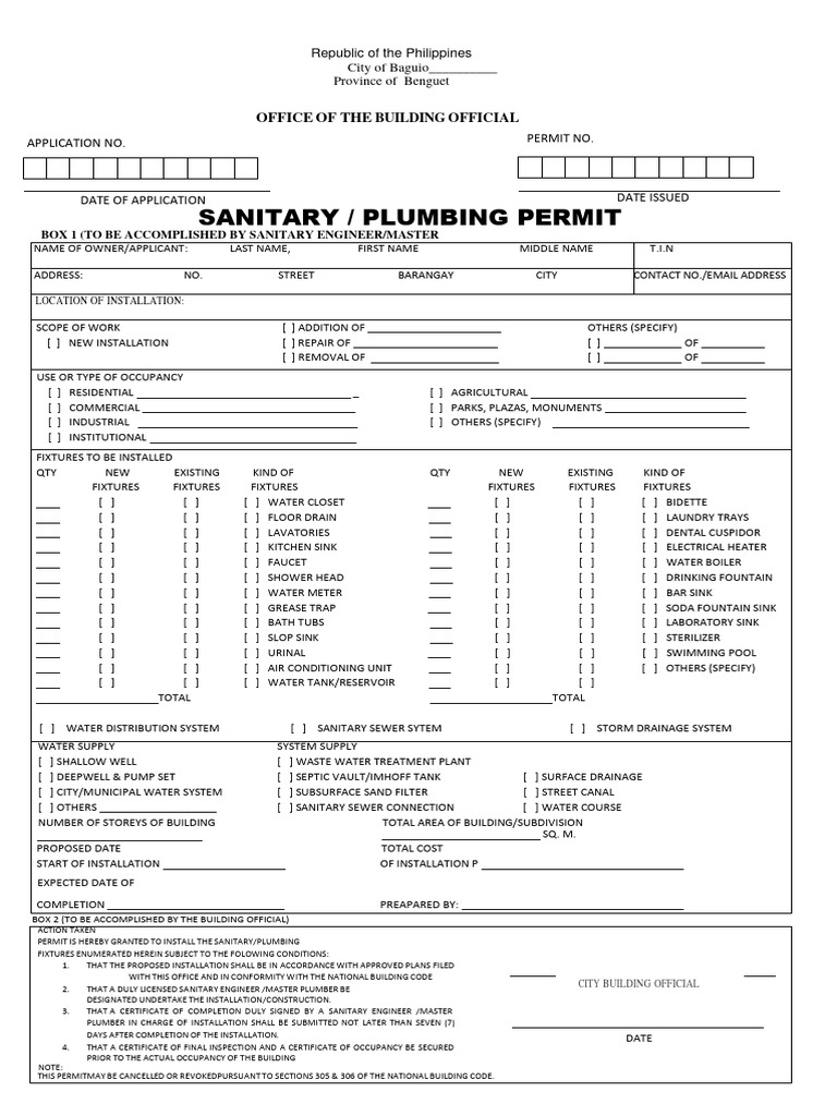 Sanitary Permit | PDF | Plumbing | Sanitation