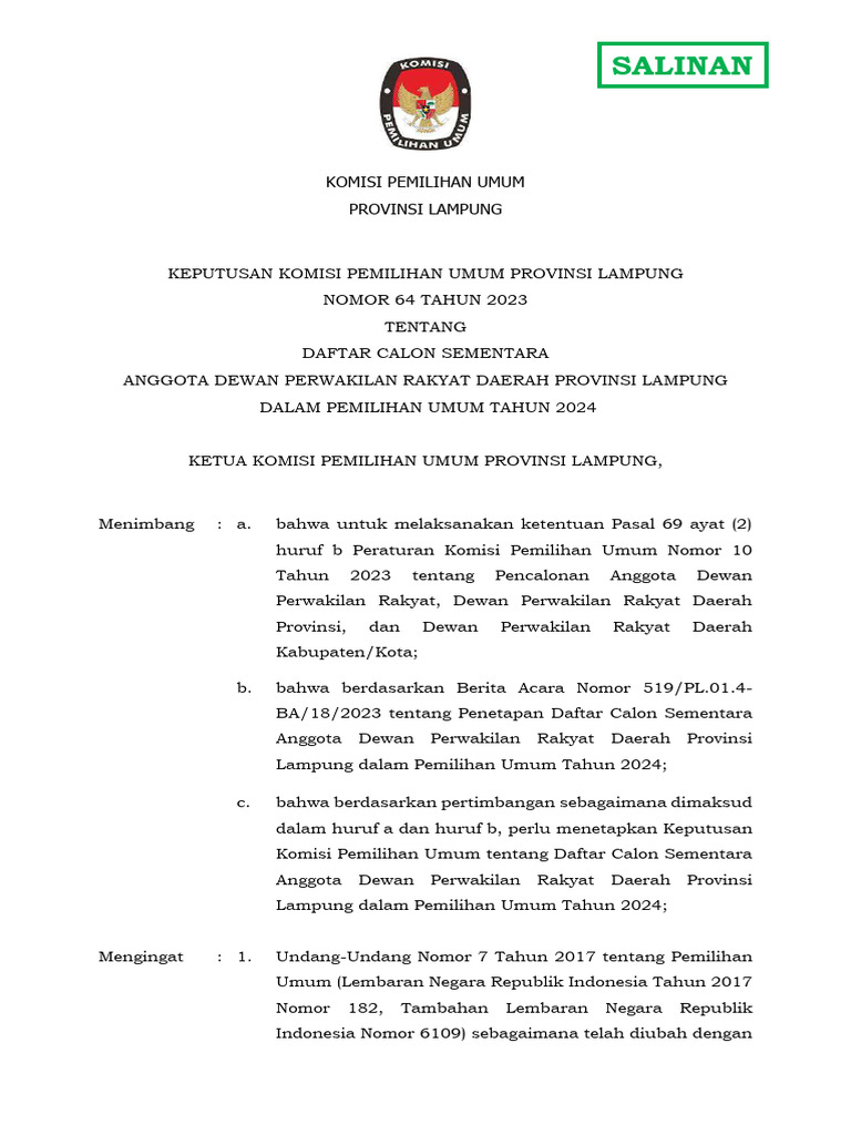 SK Pentapan Dcs DPRD Provinsi Lampung Salinan | PDF
