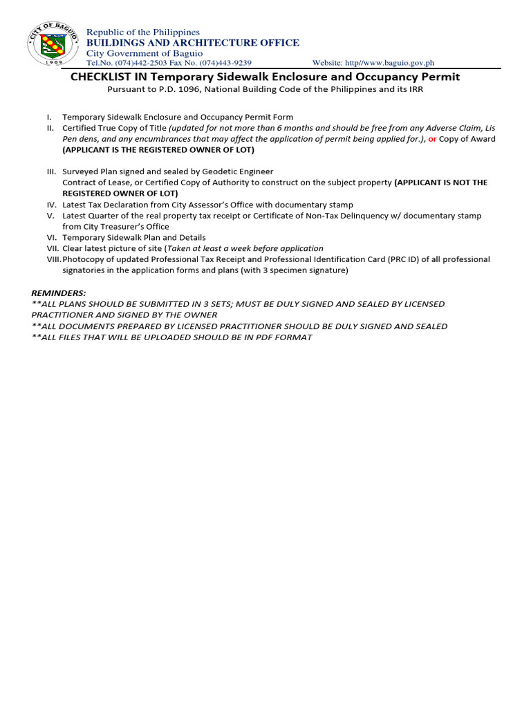 CHECKLIST in SECURING Temporary Sidewalk Enclosure and Occupancy Permit ...