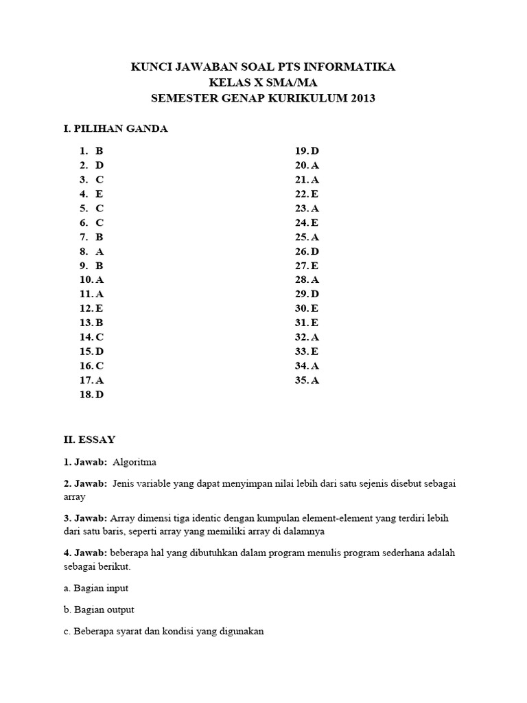 Kunci Jawaban Soal UTS Informatika Kelas 10 Semester 2 | PDF