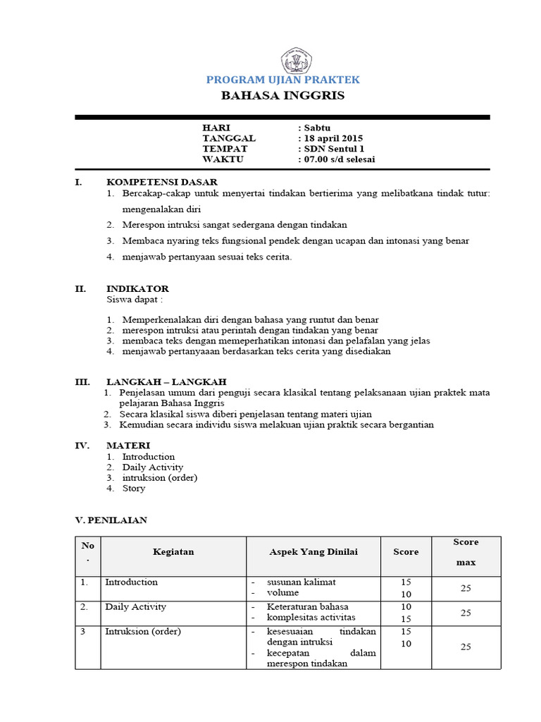 Program Ujian Praktek Uas Inggris 2015 | PDF