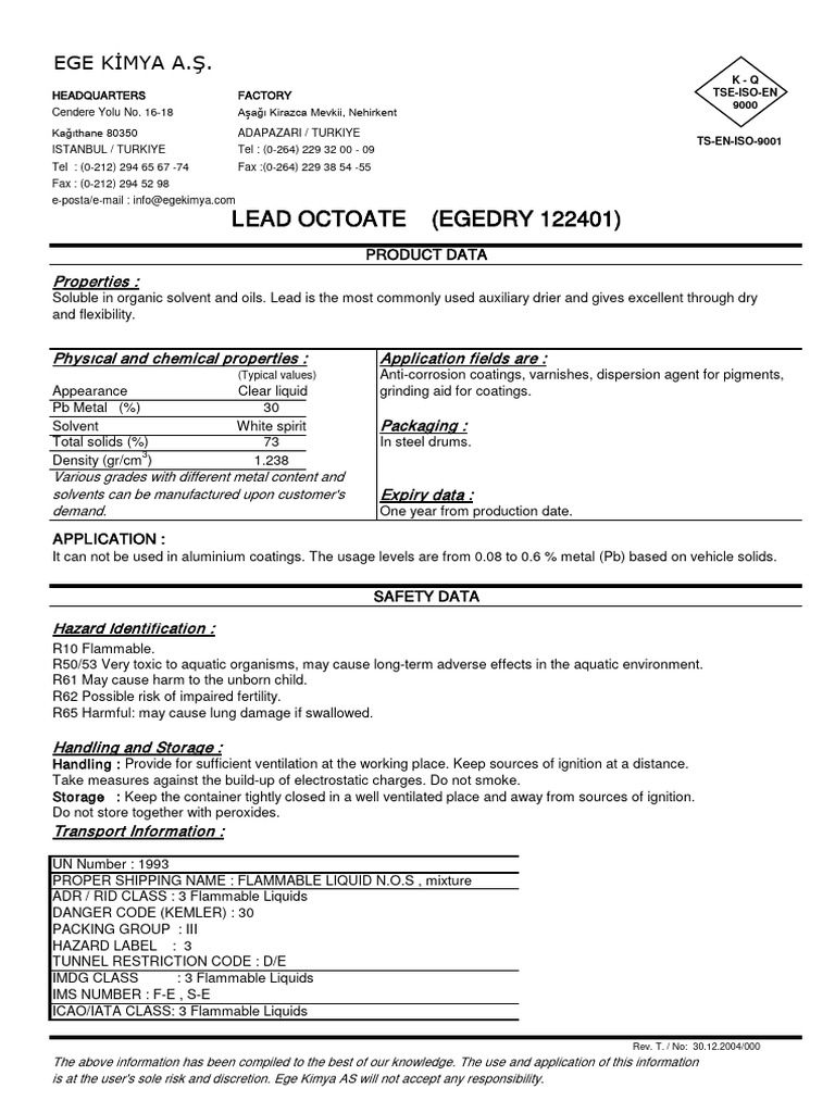 TDS Lead Octoate Drier 30% | PDF | Solvent | Chemical Substances