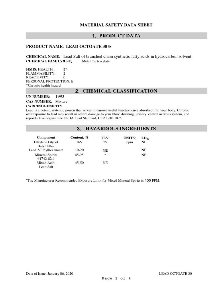 Lead Octoate 30% Msds | PDF | Solvent | Water