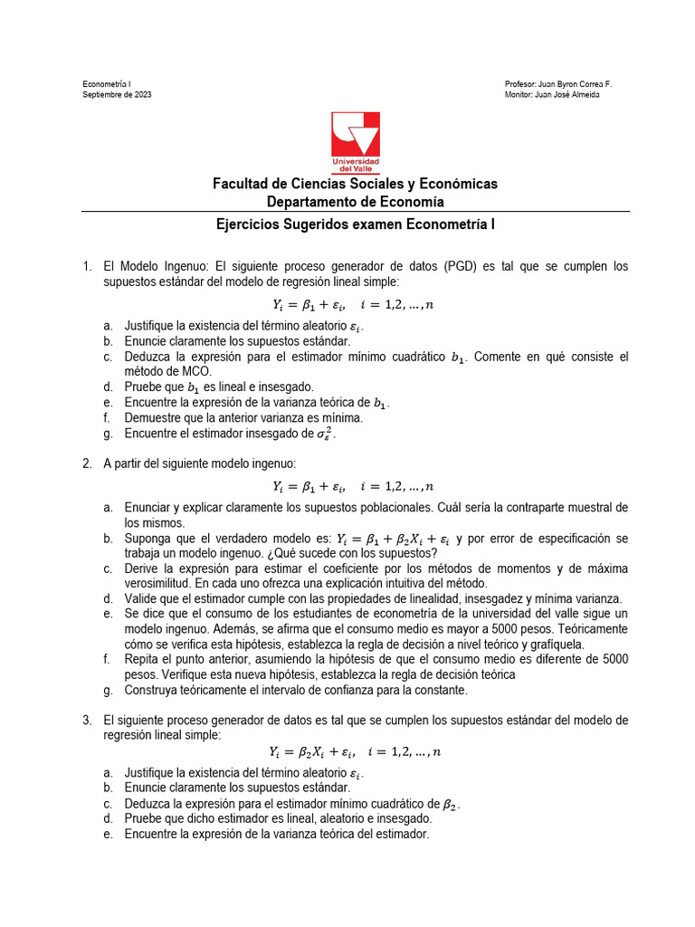 Ejercicios Guia para El Examen Nro - 1 - Econometria I 2023 | PDF | Mínimos cuadrados ordinarios ...