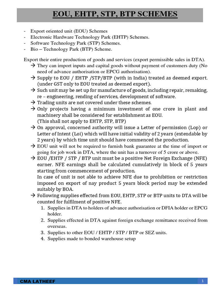 EOU, EHTP, STP, BTP Schemes | PDF | Trade | Economies