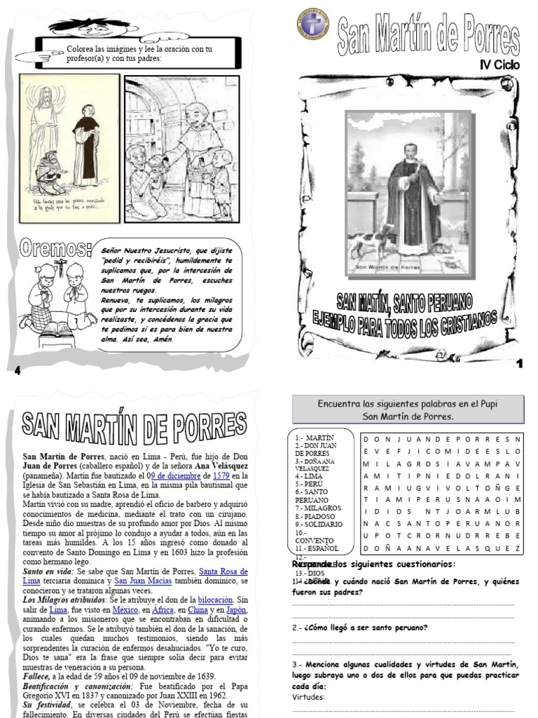 San Martín de Porres-Ficha para IV Ciclo | PDF | Iglesia Católica