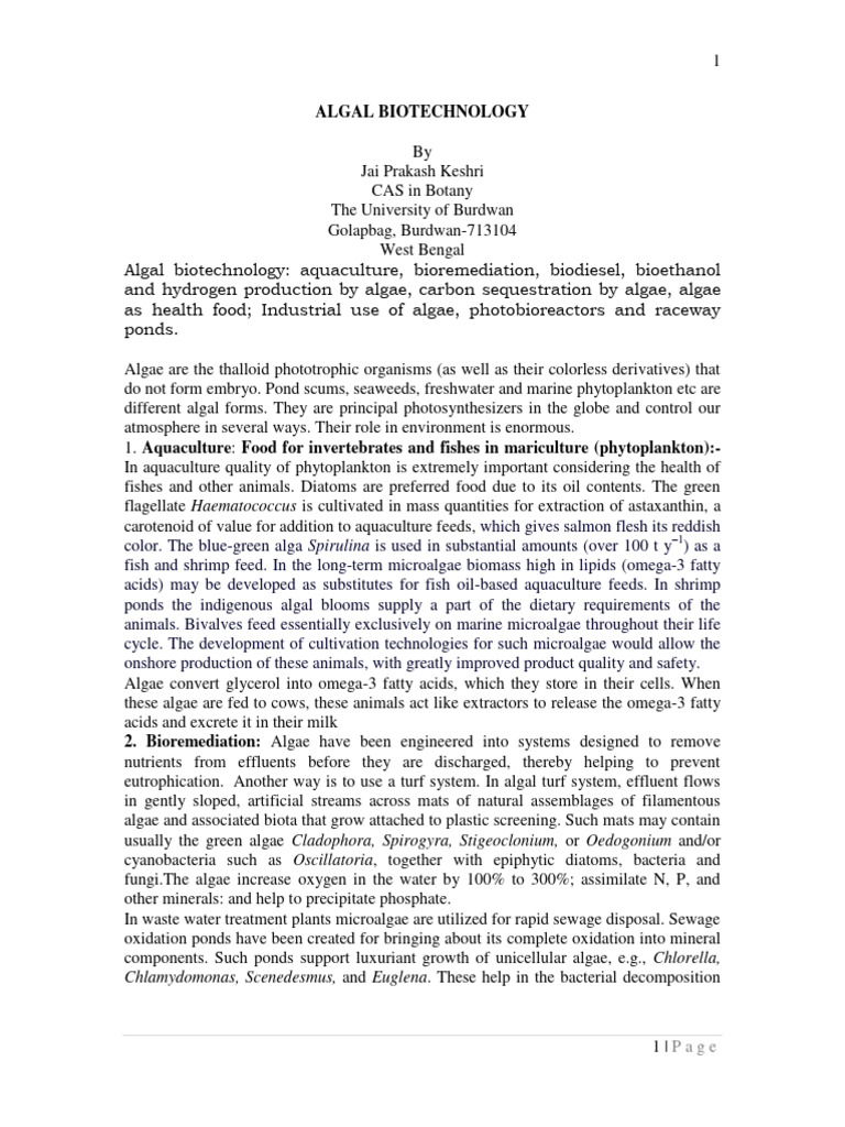 Algal Biotechnology Applications Overview | PDF | Algae | Cyanobacteria