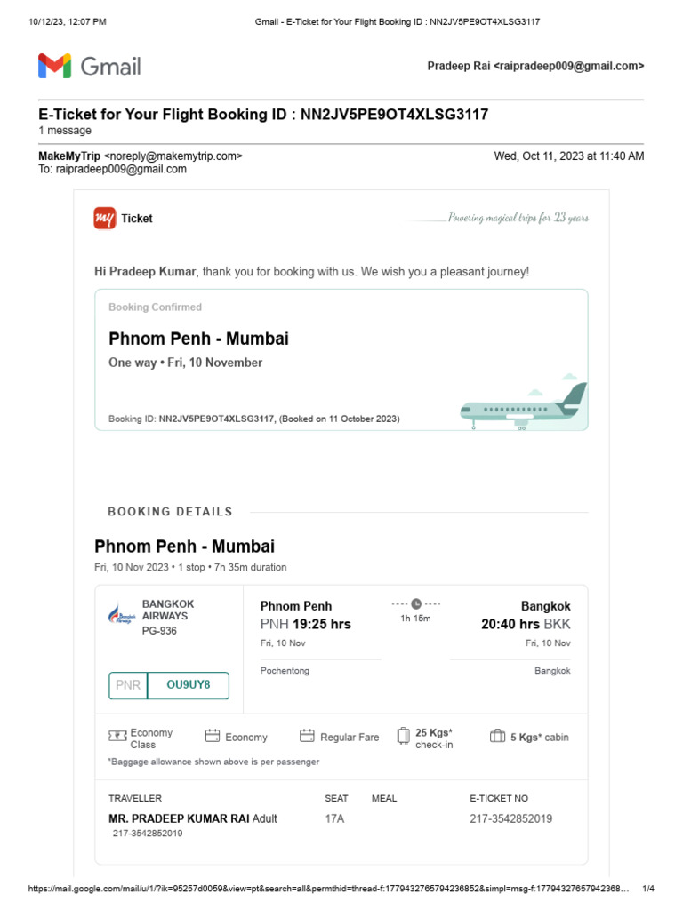 Gmail E Ticket For Your Flight Booking ID NN2JV5PE9OT4XLSG3117 | PDF ...