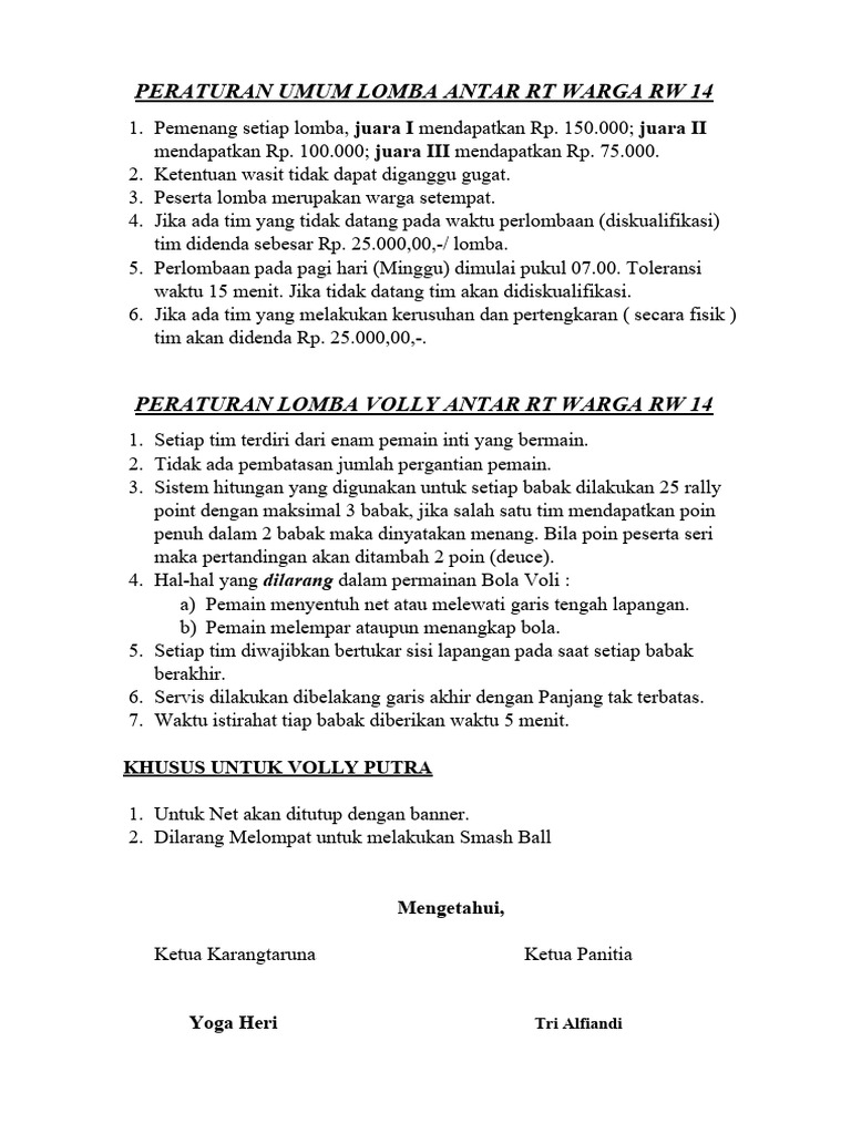 PERATURAN UMUM LOMBA ANTAR RT WARGA RW 14 (Fix) | PDF