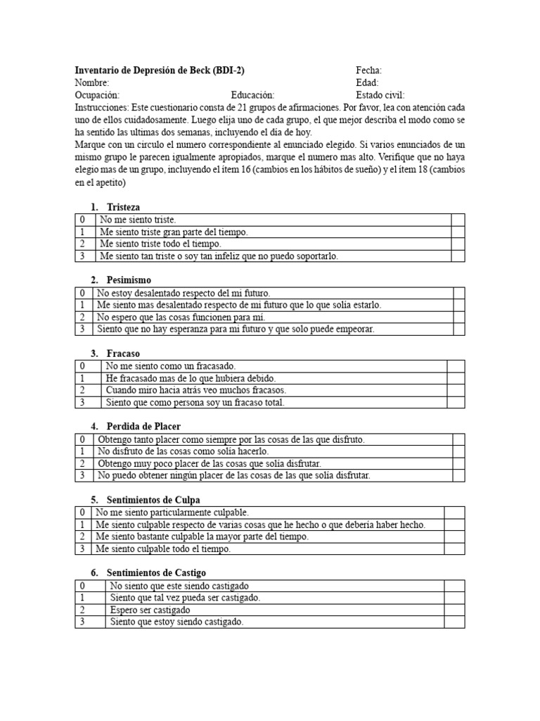 Inventario de Depresion de Beck (BDI-2) | PDF