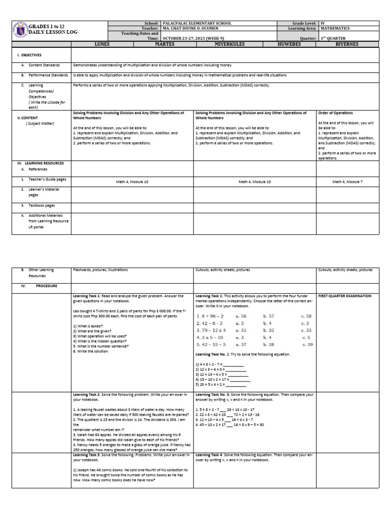 DLL - Mathematics 4 - Q1 - W9 | PDF | Mathematics | Division (Mathematics)