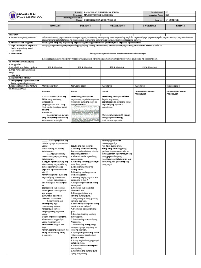 DLL - Esp 4 - Q1 - W9 | PDF