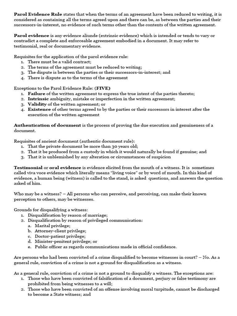 Evidence Lecture | PDF | Parol Evidence Rule | Witness
