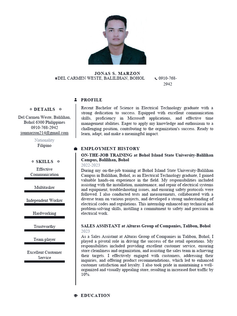 Jonas Marzon Resume | Download Free PDF | Restaurants | Cognition
