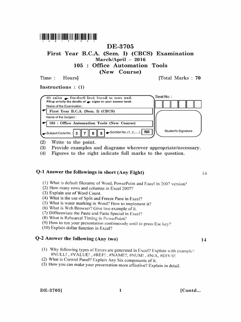DE-3705 - First Year B.C.A. (Sem. I) (CBCS) Examination MarchApril ... DE-3705 - First Year B.C.A. (Sem. I) (CBCS) Examination MarchApril ...