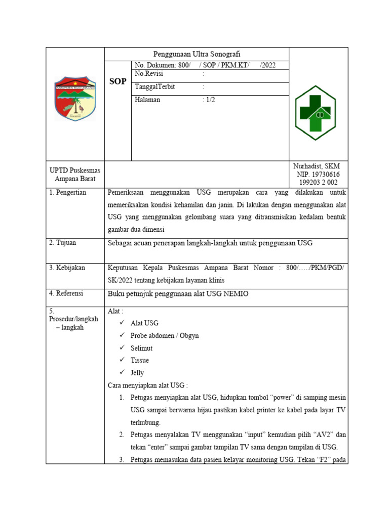 SOP Penggunaan USG di Puskesmas | PDF