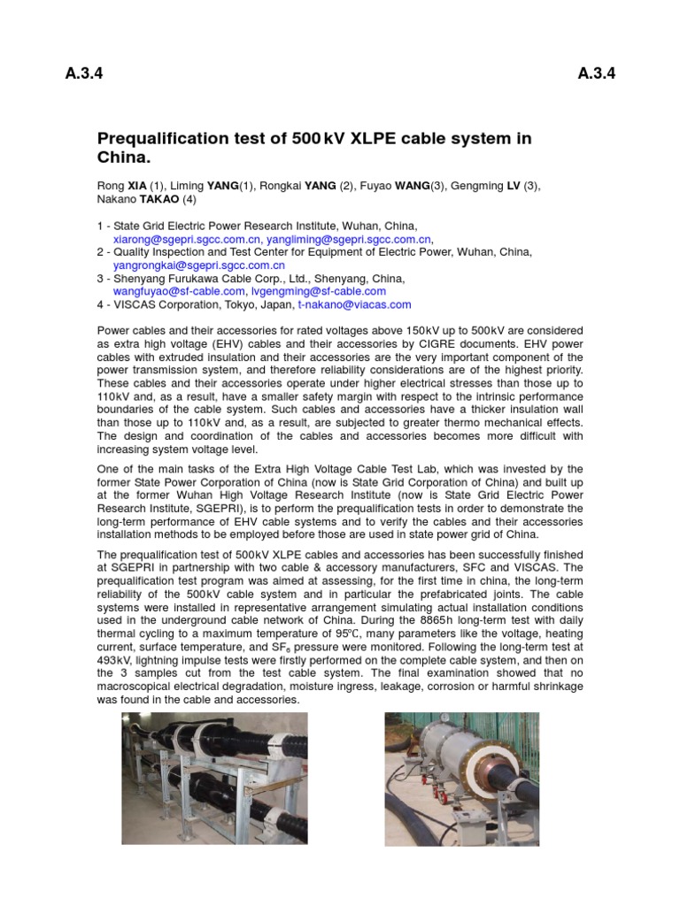Pre Qualification Test of 500kV XLPE Cable in China | PDF | Cable ...