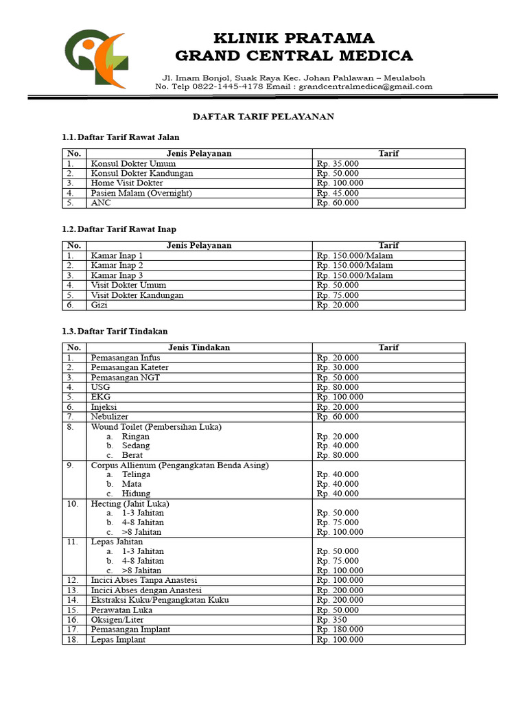 Daftar Tarif Pelayanan | PDF