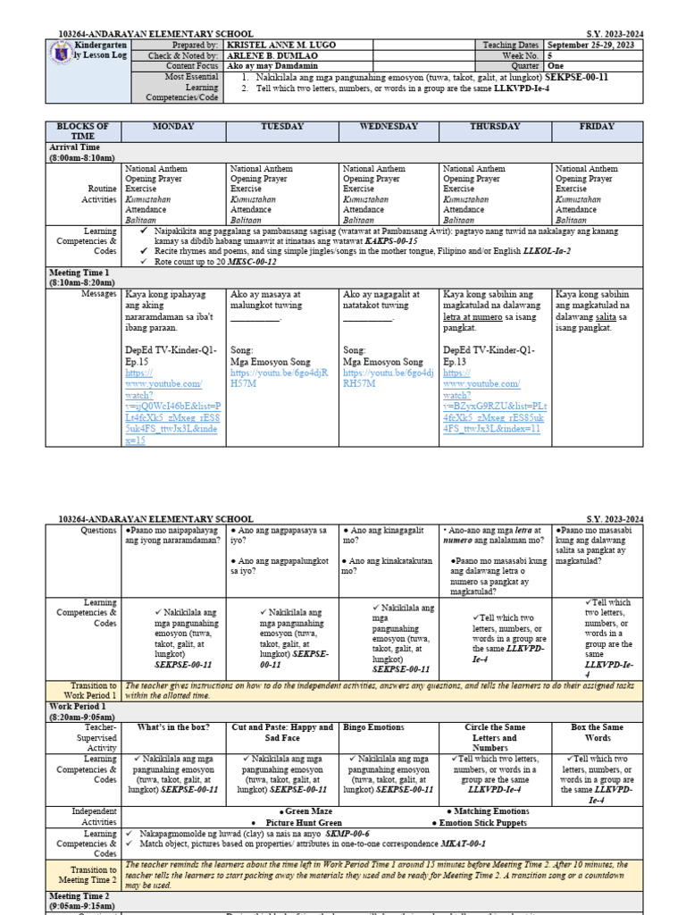 Kindergarten DLL MELC Week 5 | PDF