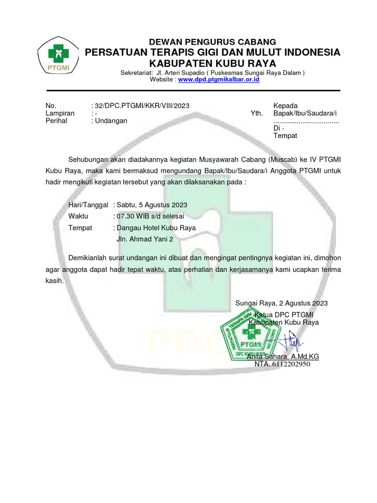Surat Pemberitahuan Musyawarah Cabang (Muscab) Ke IV PTGMI Kubu Raya ...