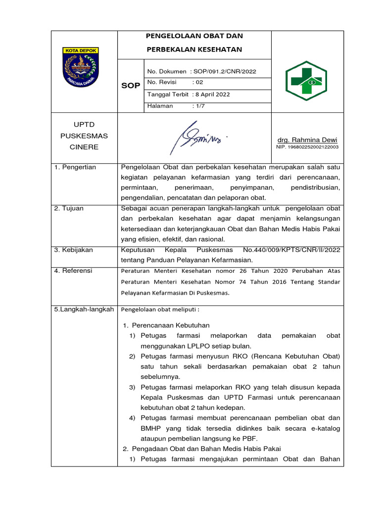 Sop Pengelolaan Obat Dan Perbekalan Kesehatan | PDF