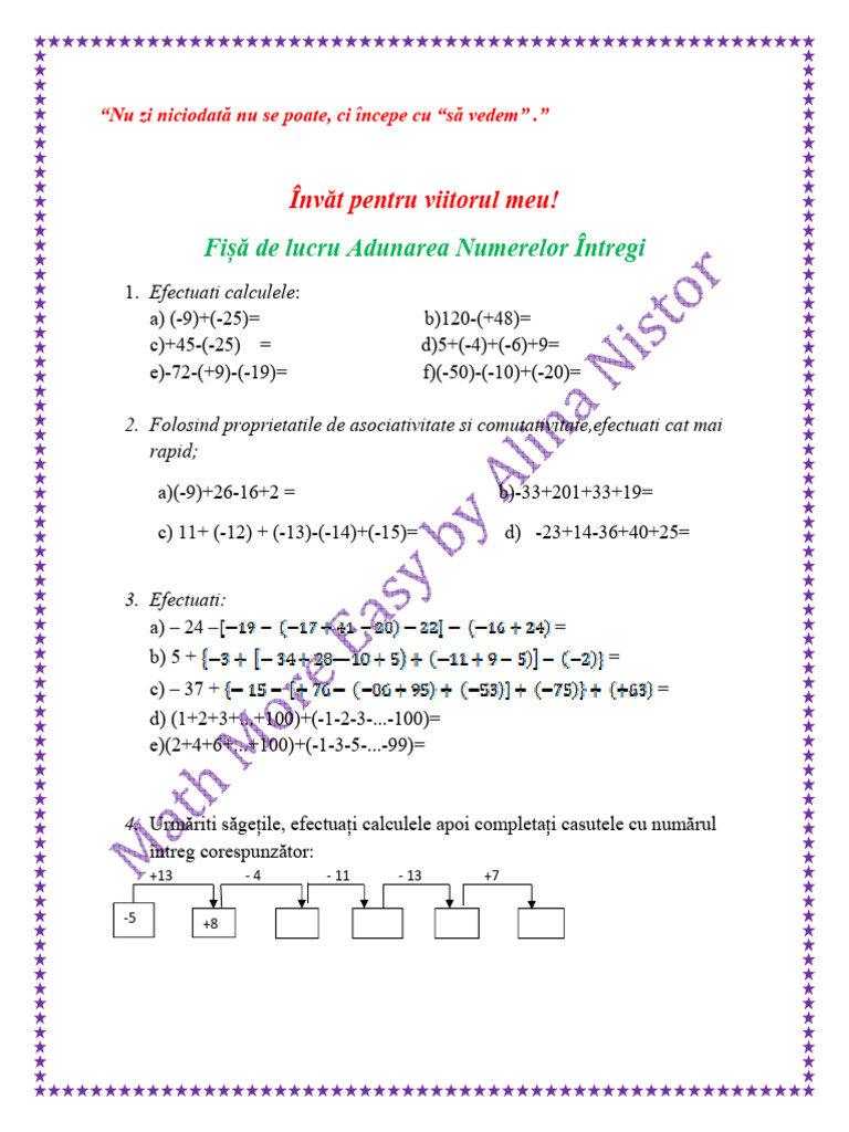 Fisa de Lucru Adunarea Numerelor Intregi | PDF