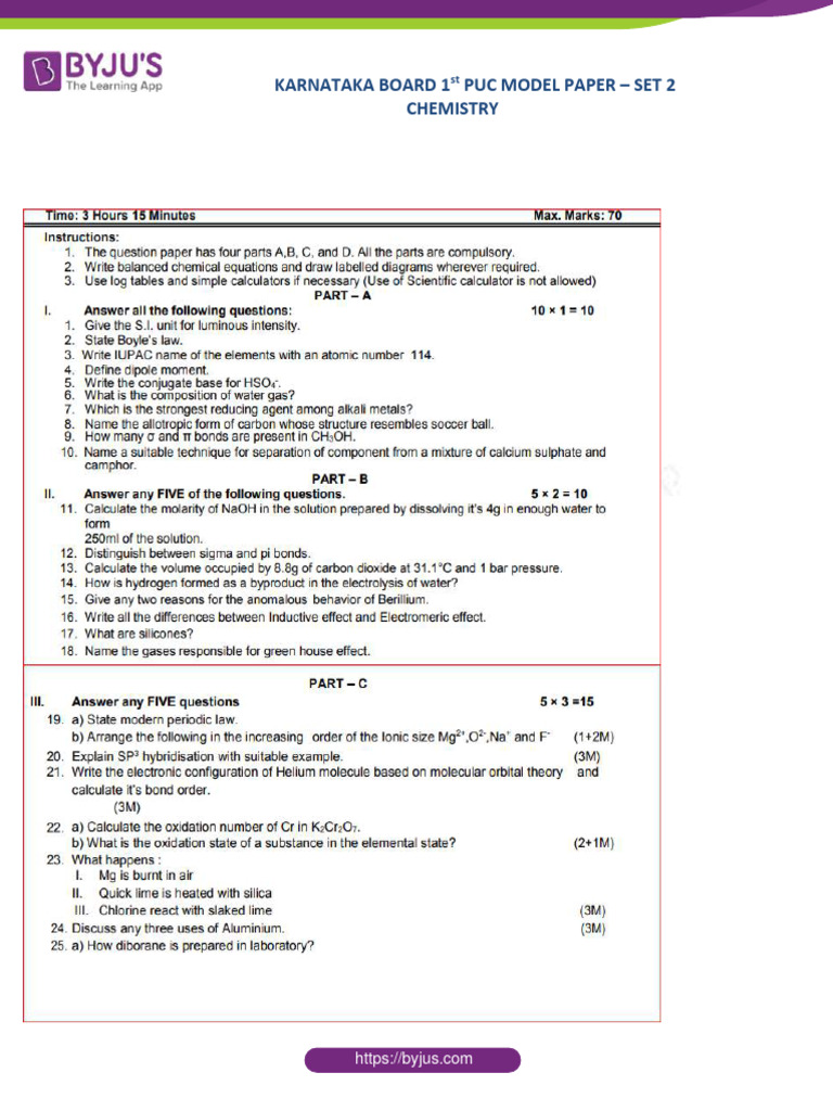 Karnataka Board 1st PUC Chemistry Model Paper Set 2 | PDF