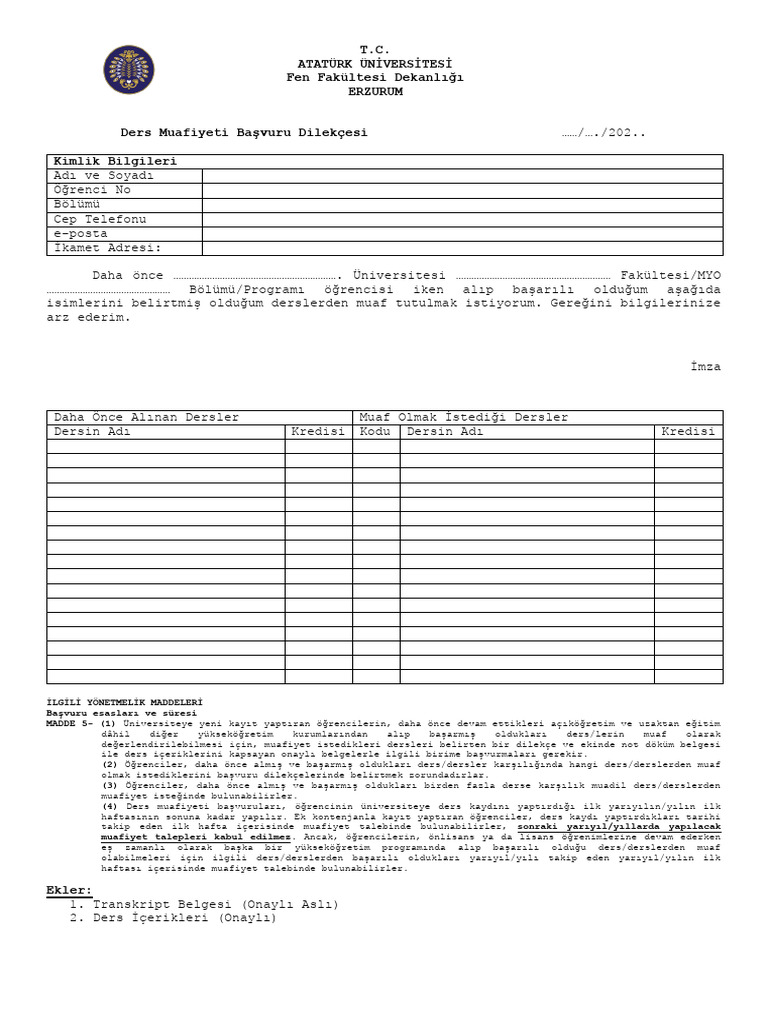 Ders Muafiyet Başvuru Formu | PDF