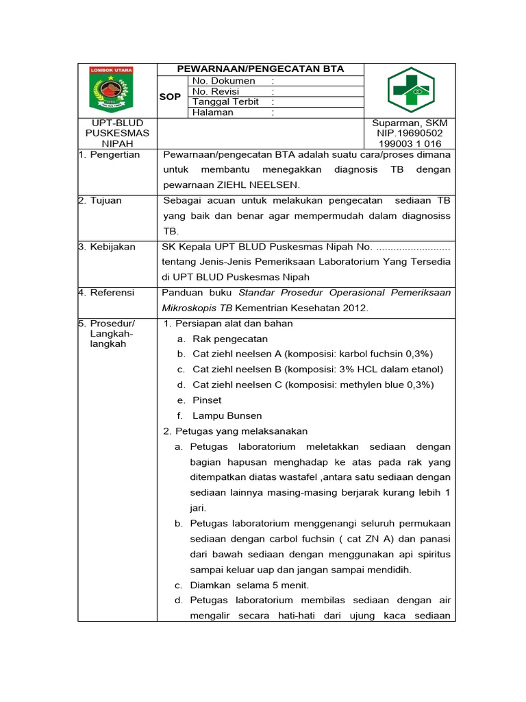 Sop Pewarnaan Pengecatan Bta | PDF