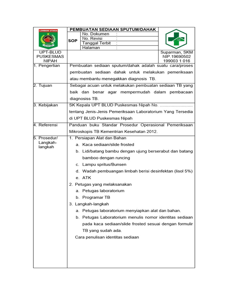 Prosedur Pembuatan Sediaan Sputum TB | PDF