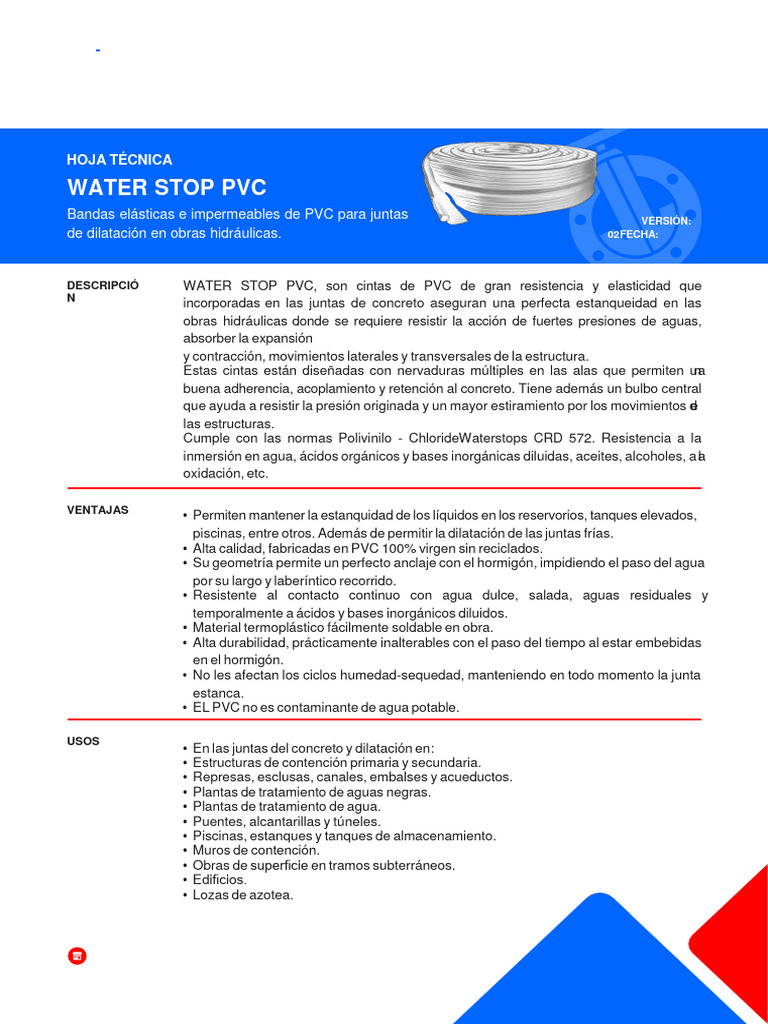 Hoja Tecnica Water Stop | PDF | Hormigón | Agua