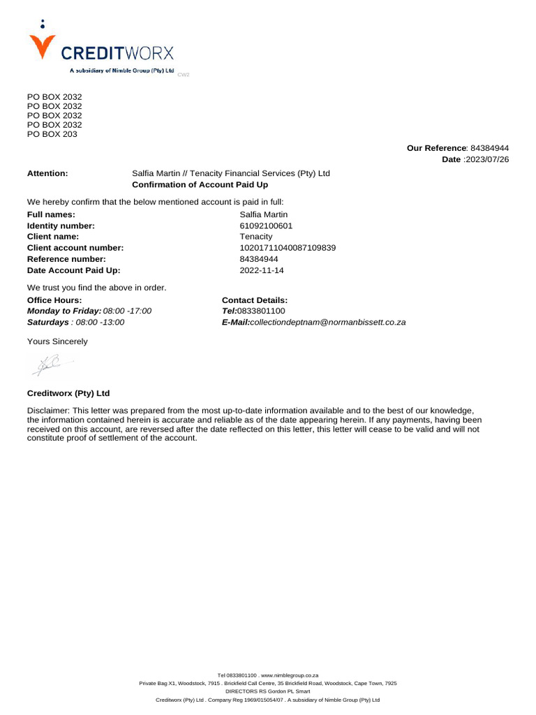 Paid Up Letter 2023 07 26 | PDF