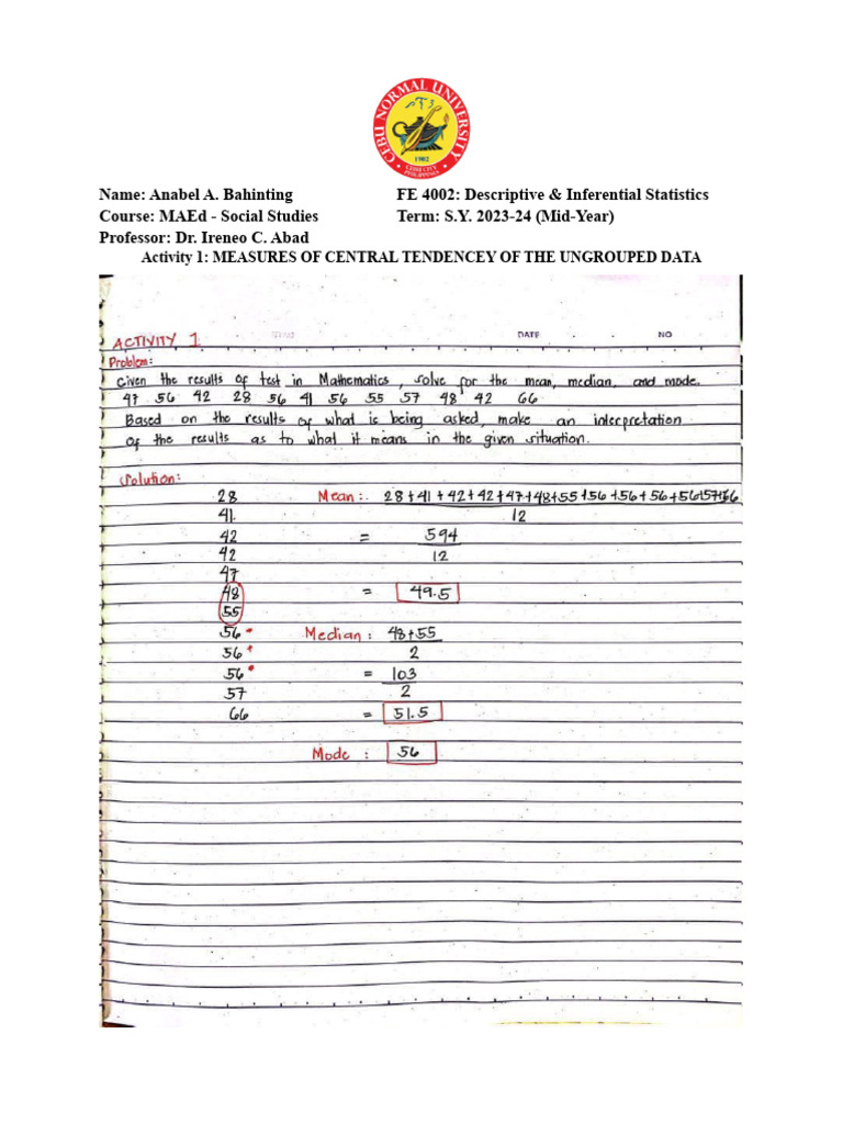 Activity 1 - Measures of Central Tendency | PDF